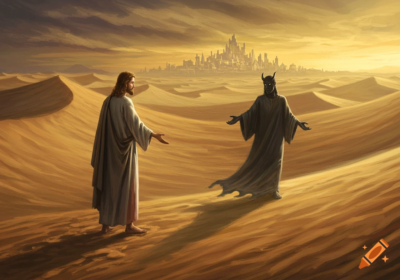 Digital painting of Jesus and a demonic figure standing in a desert ...