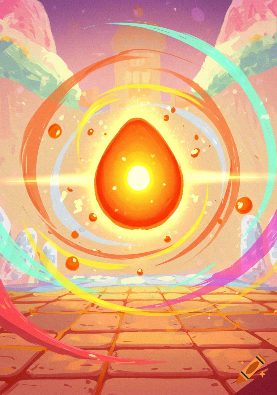 A bright orange glowing soul surrounded by swirling colorful ribbons in ...