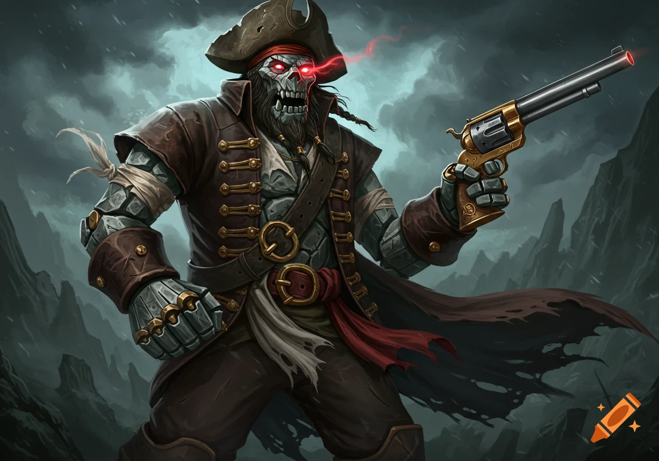 Fantasy illustration of an evil golem pirate with red eyes holding a ...