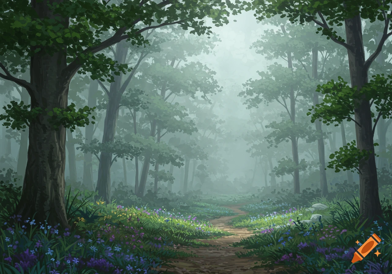 An illustrated path winds through a misty forest filled with trees and ...
