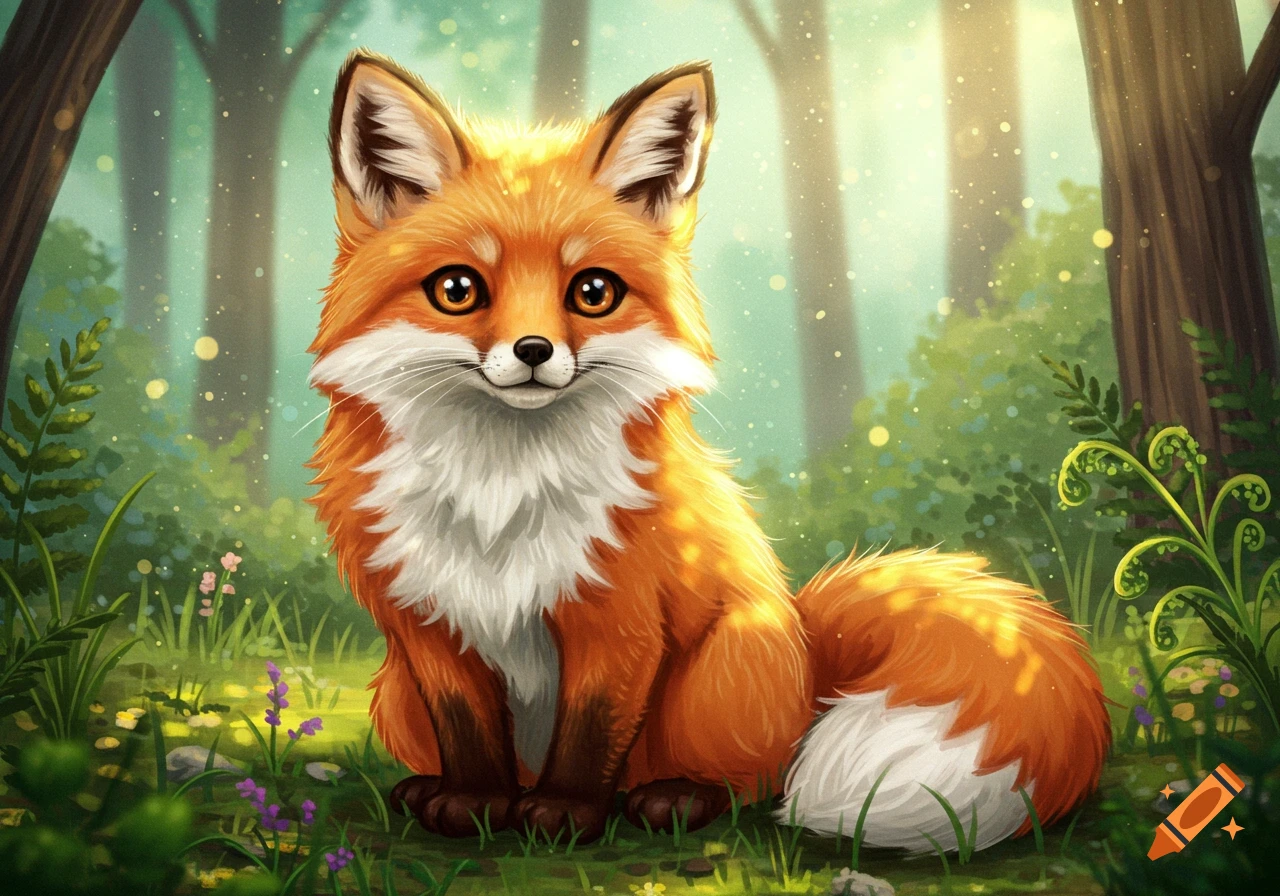 A cute cartoon red fox sits in a sunny forest. on Craiyon
