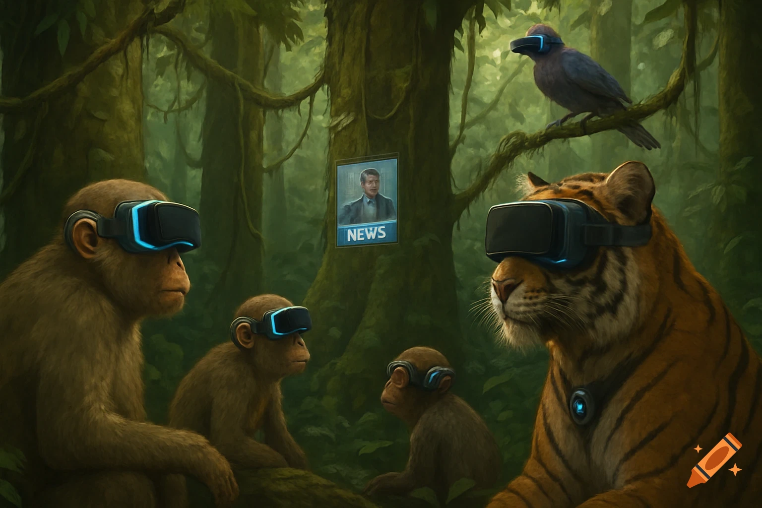Monkeys, a tiger, and a bird in a jungle wear VR headsets and watch a ...