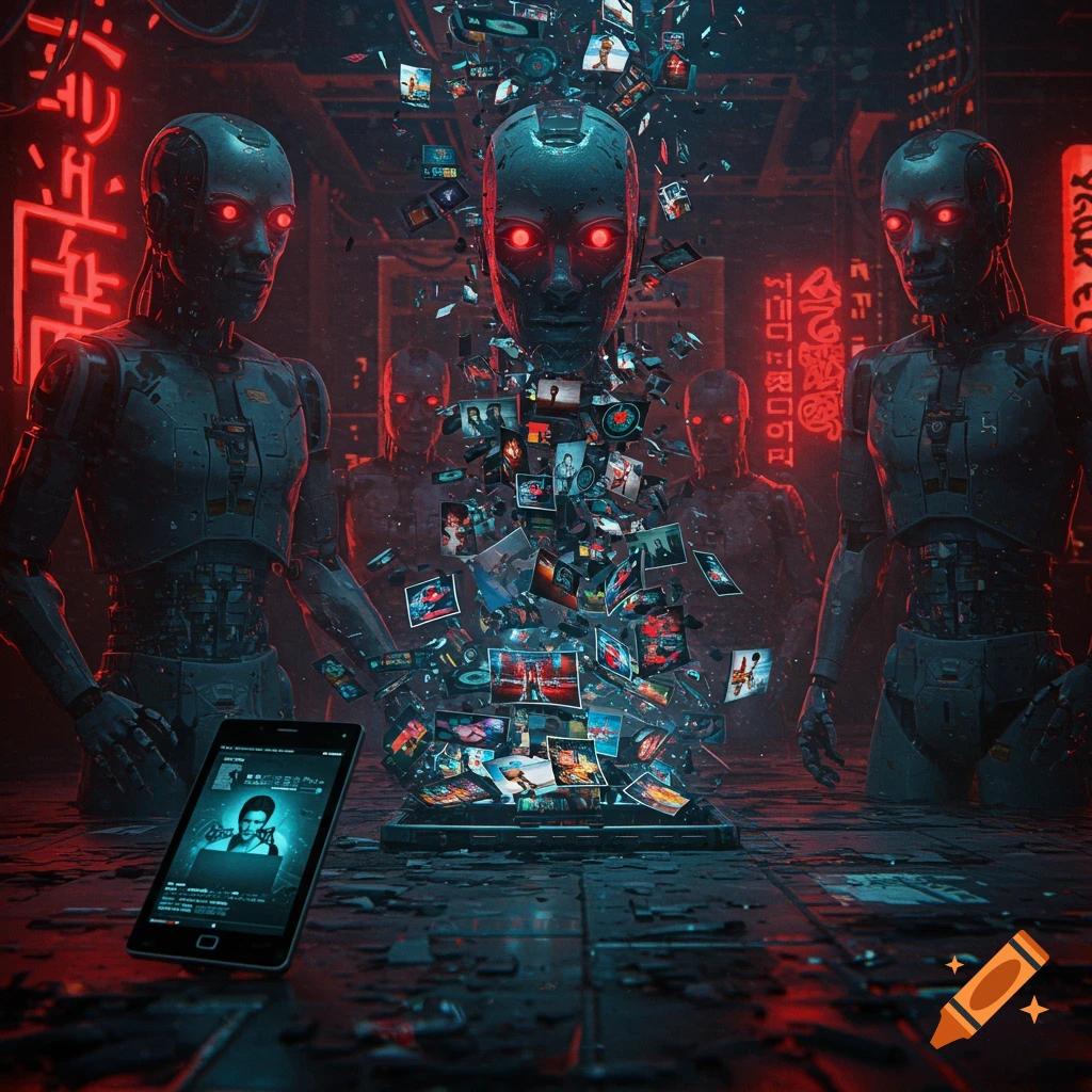 Robots in a cyberpunk scene with scattered images and a phone. on Craiyon