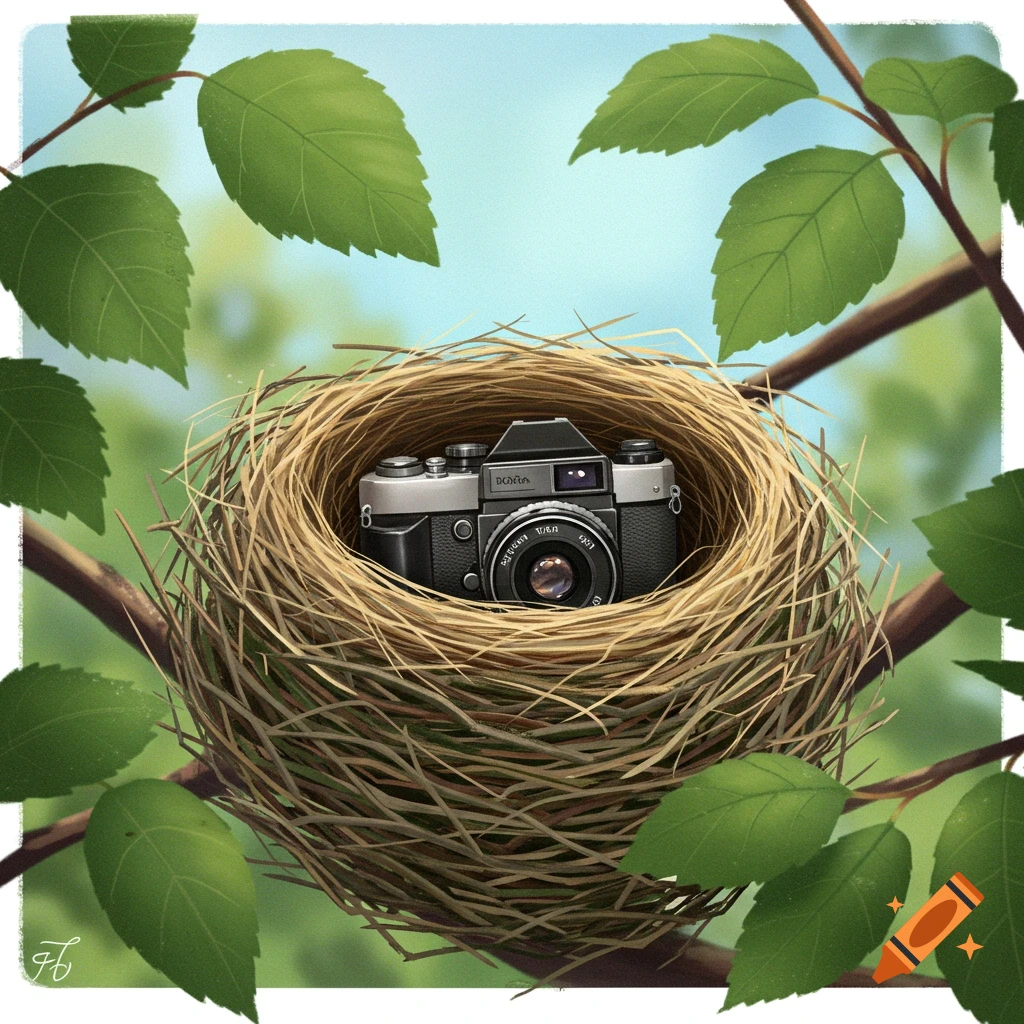 Stylized illustration of a retro camera sitting in a bird's nest on a ...