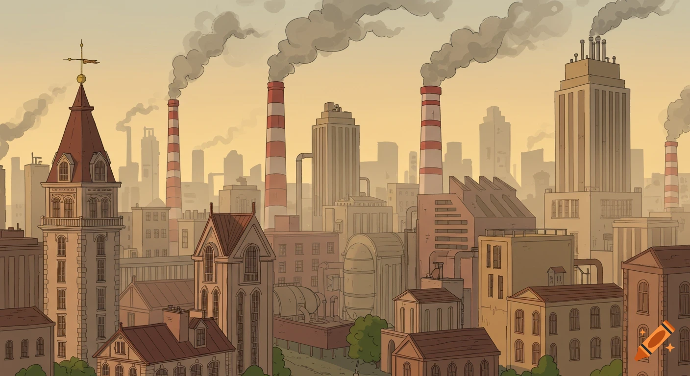 A cartoon cityscape showing factories emitting smoke and smog into a ...
