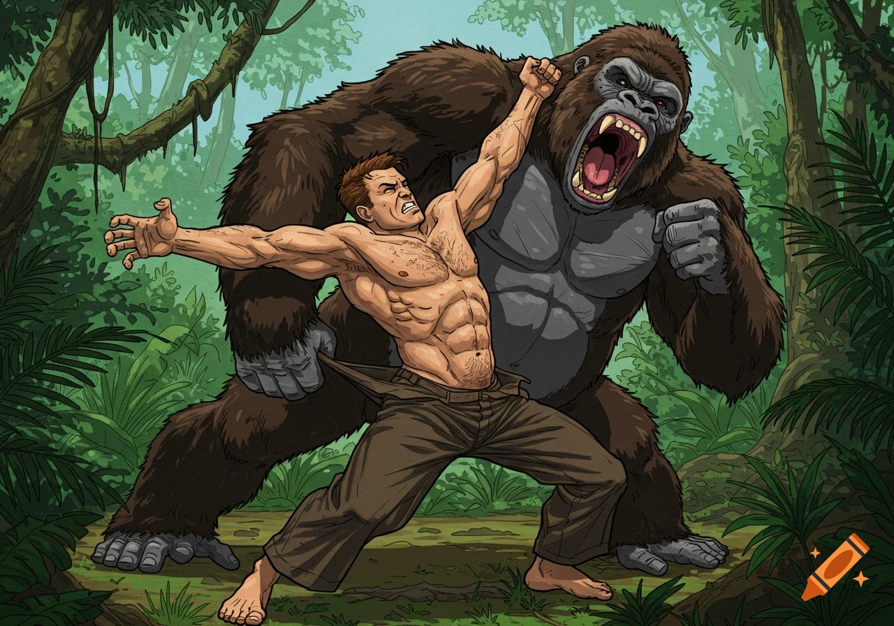 Cartoon illustration of a muscular man fighting a large gorilla in a ...