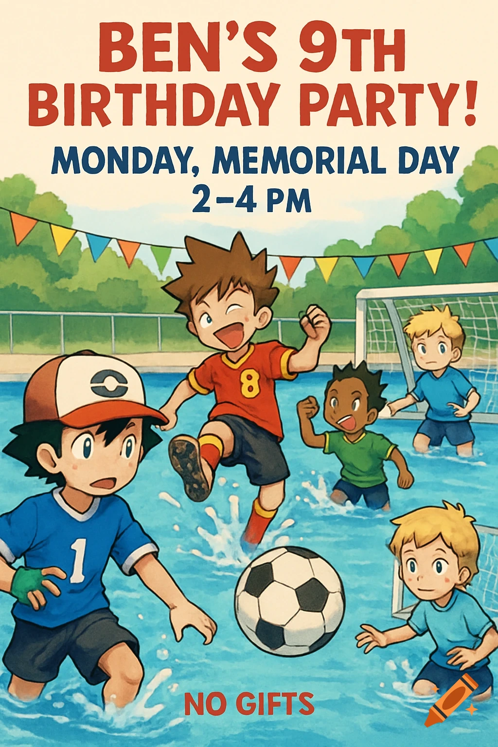 Pokemon style birthday party invitation with boys playing soccer in a ...