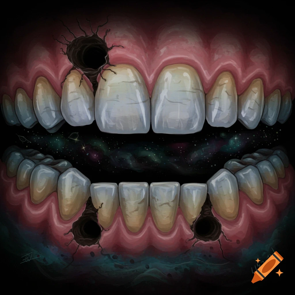 Close-up painting of teeth and gums with holes showing a view of outer ...