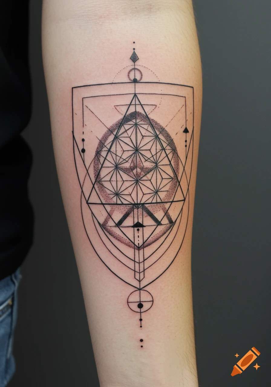 Geometric sacred geometry forearm tattoo with lines, circles, triangles, and dot-work. on Craiyon
