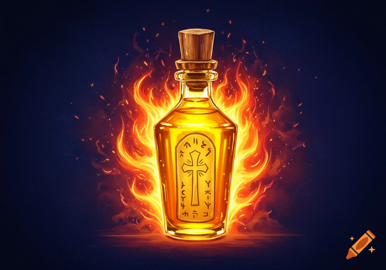 An illustrated glowing bottle of liquid engulfed in flames, with ...