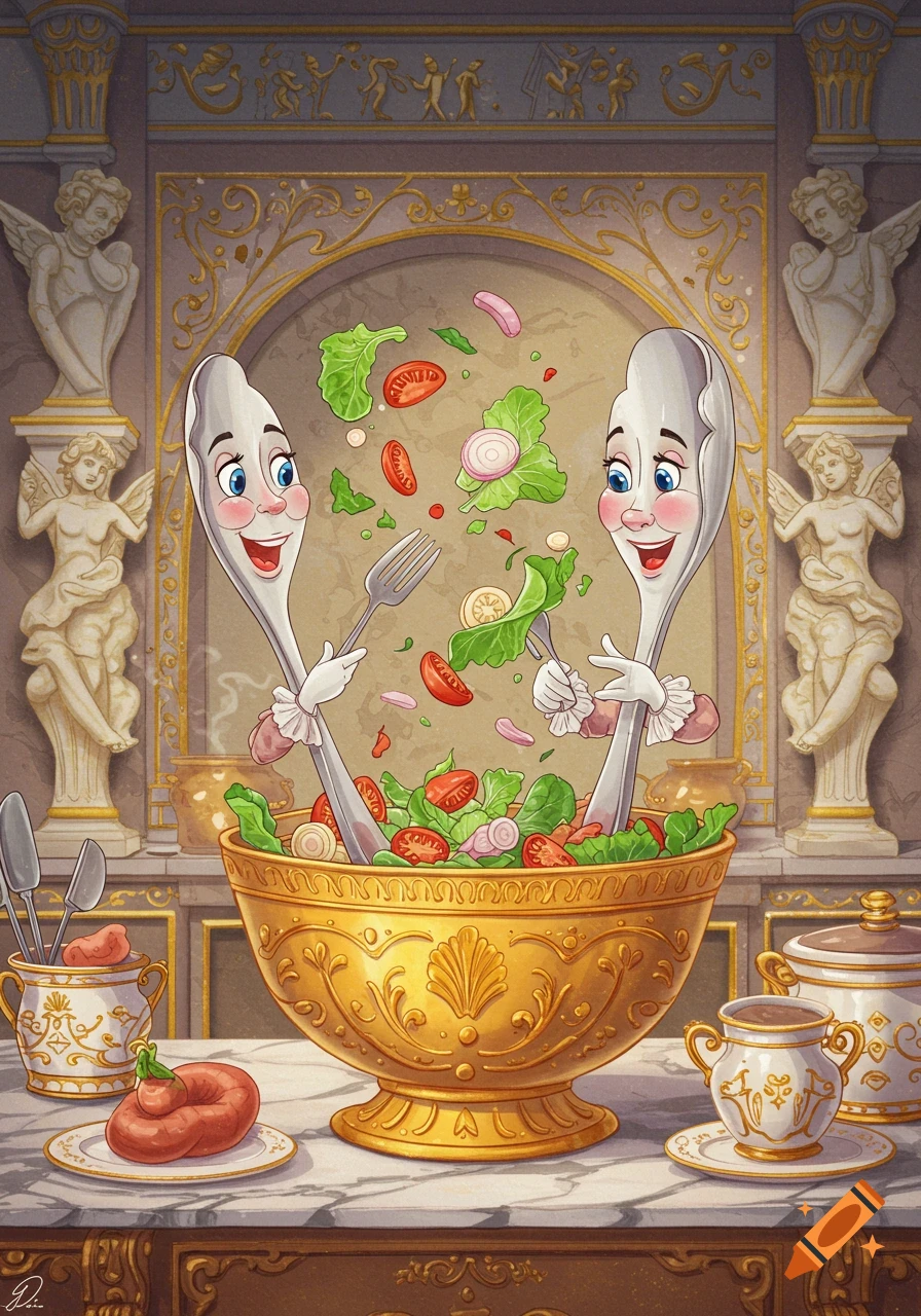 Illustrative scene of two animated spoons with faces serving a salad ...