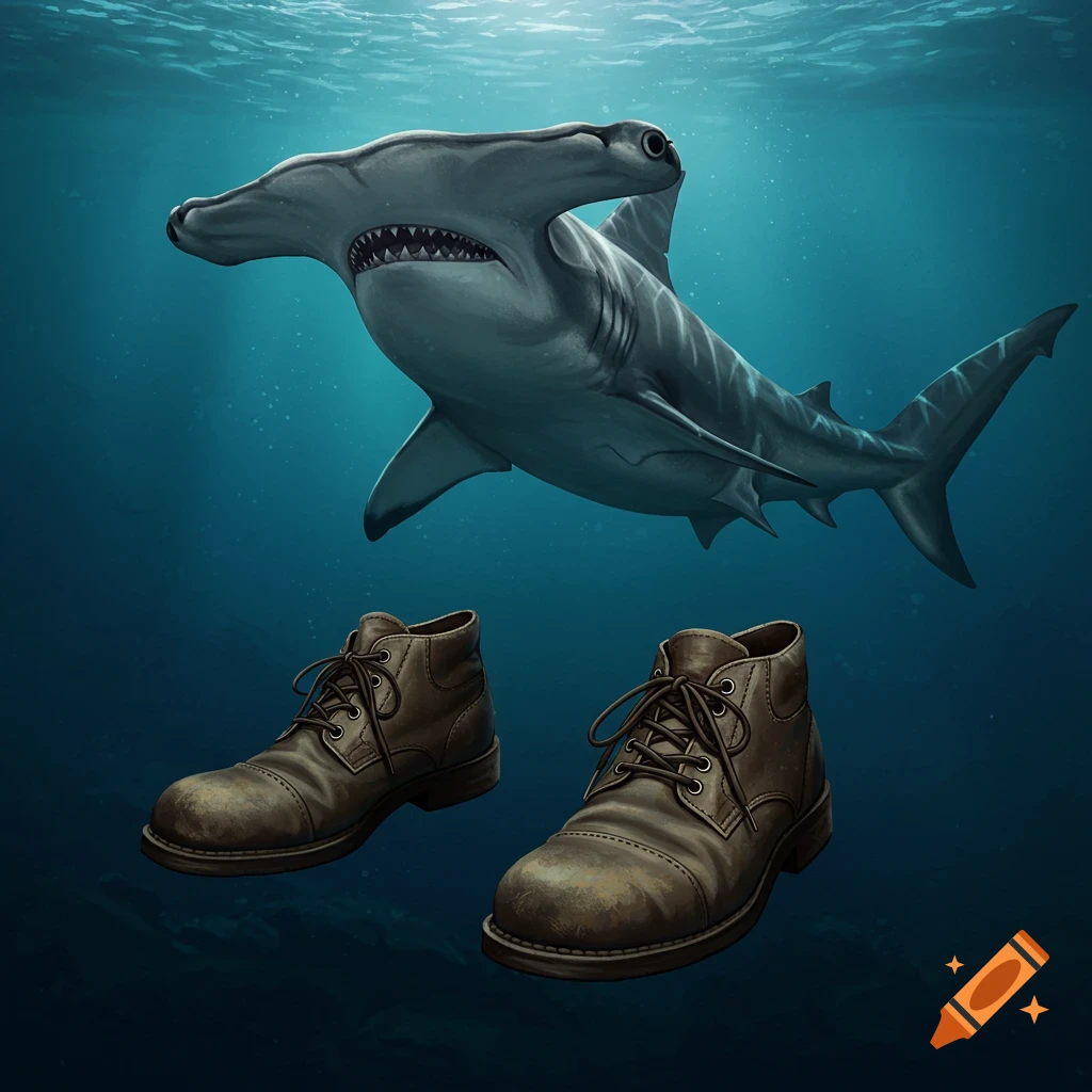 An illustrative image of a hammerhead shark swimming above two brown ...