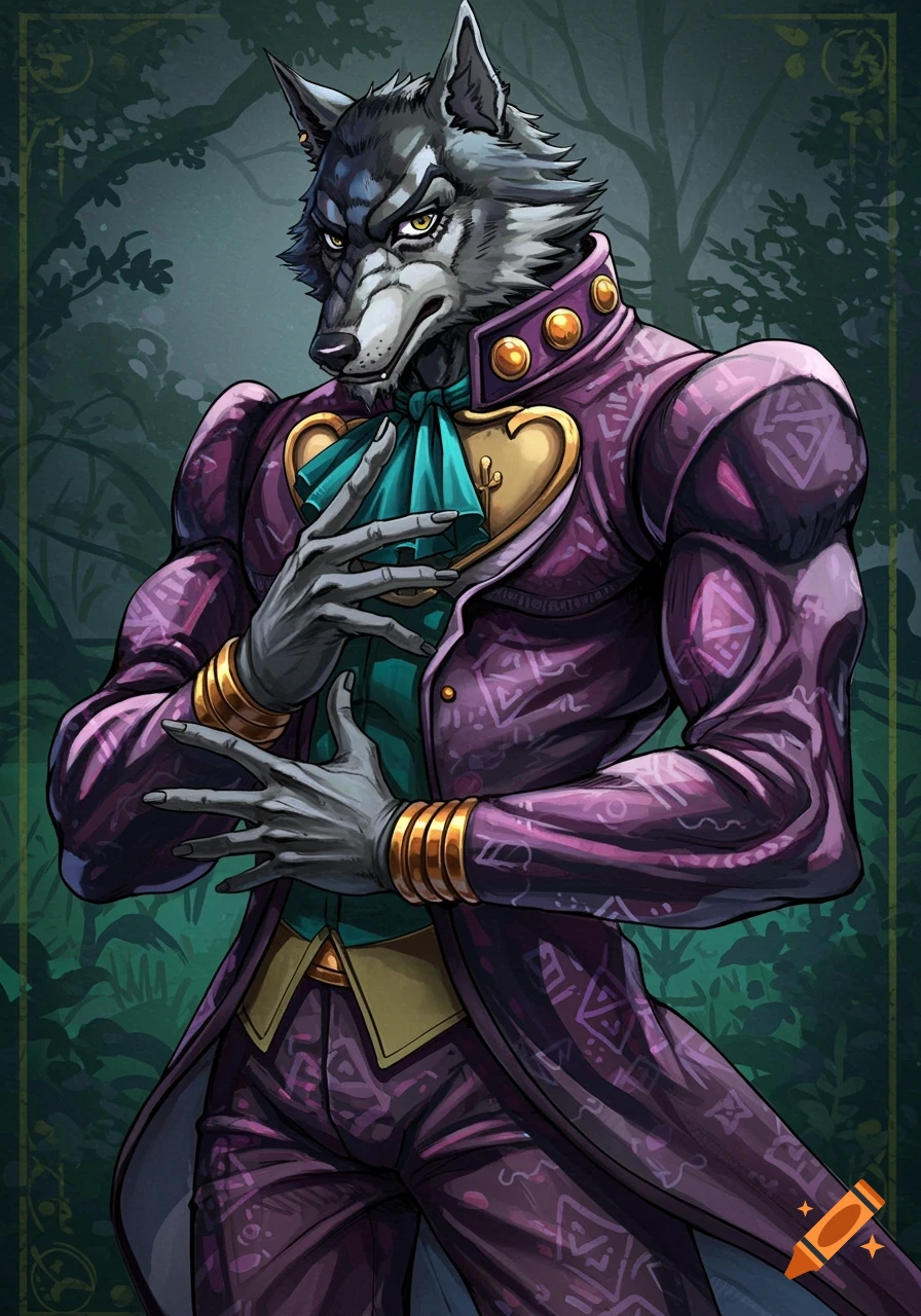 Anthropomorphic wolf in a purple suit posing in a forest on Craiyon