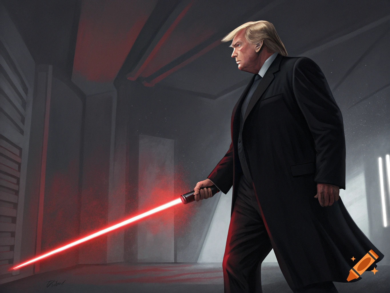 Illustration of Donald Trump holding a red lightsaber in a dark sci-fi ...