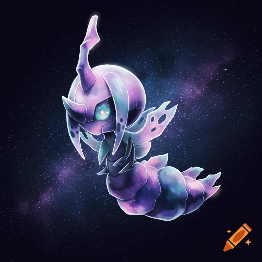 A purple and blue creature with horns floats in space among stars and a nebula. on Craiyon