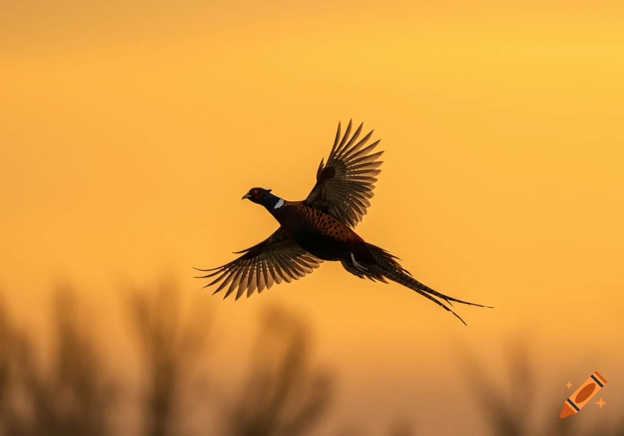 A photorealistic image of a pheasant flying with outstretched wings ...