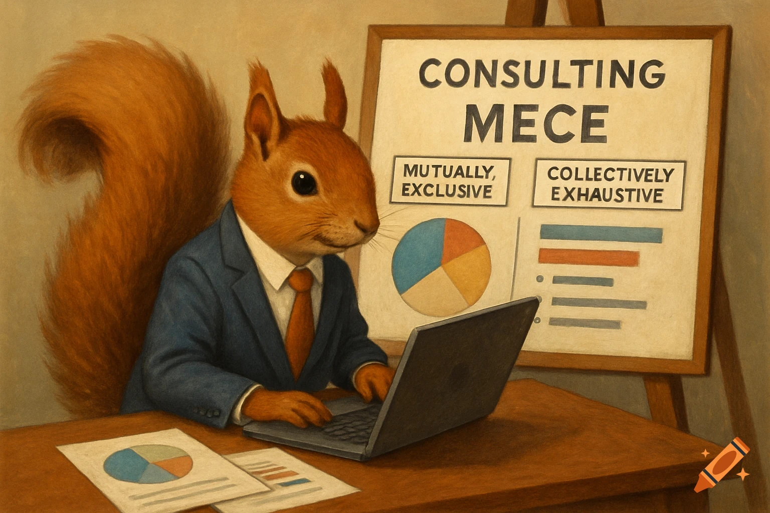 Painting of a squirrel in a suit working on a laptop with a MECE ...