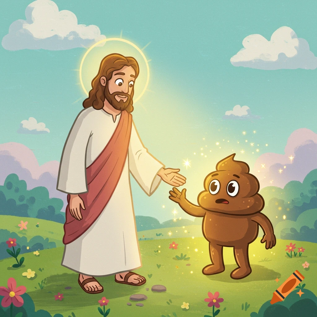 A cartoon Jesus extends a hand towards a sparkly cartoon poop character ...