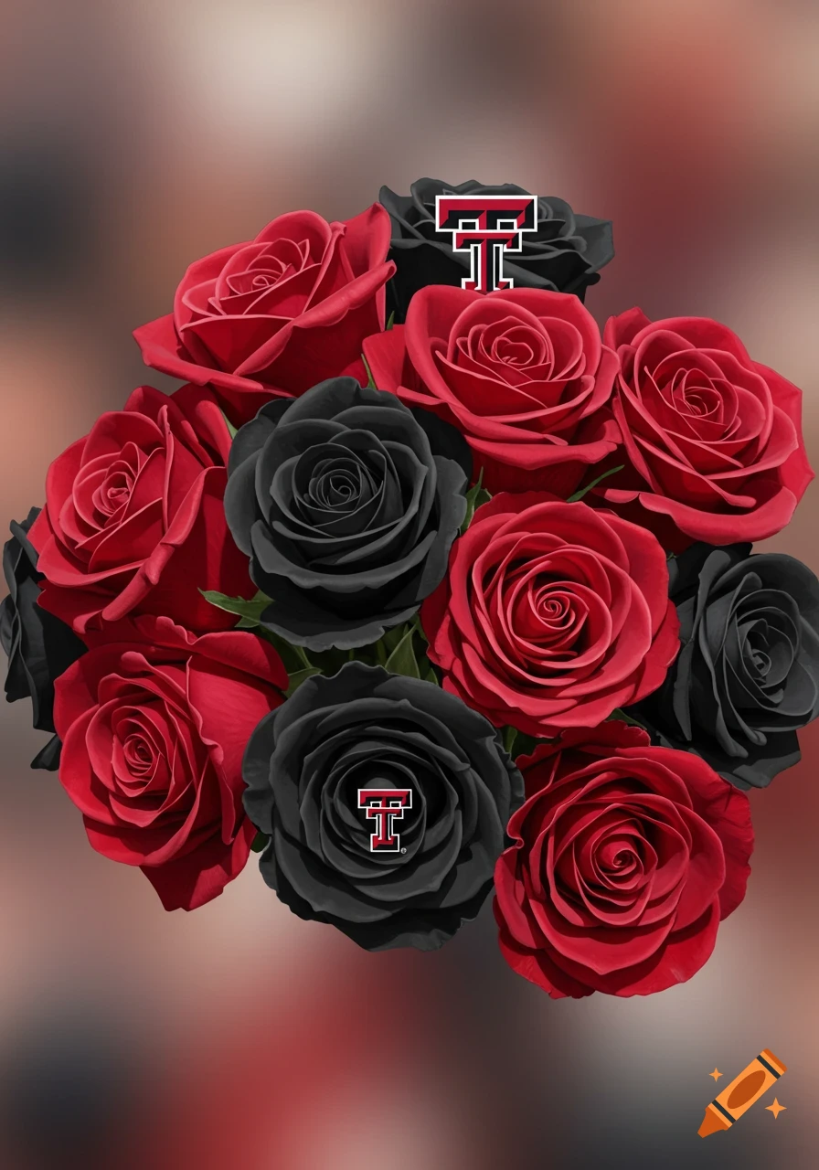 Bouquet of red and black roses with Texas Tech logos on Craiyon