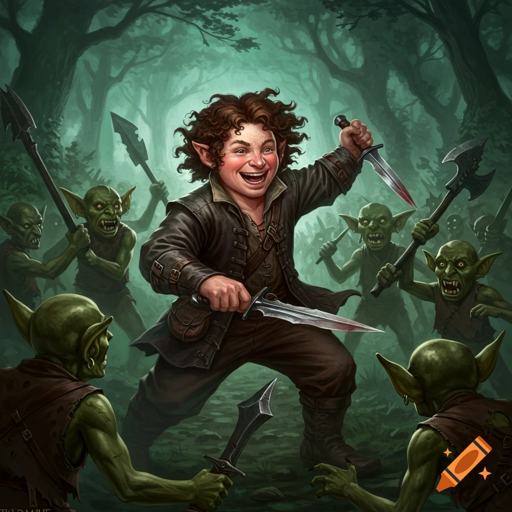 Small figure with curly hair fights goblins with daggers in a dark ...