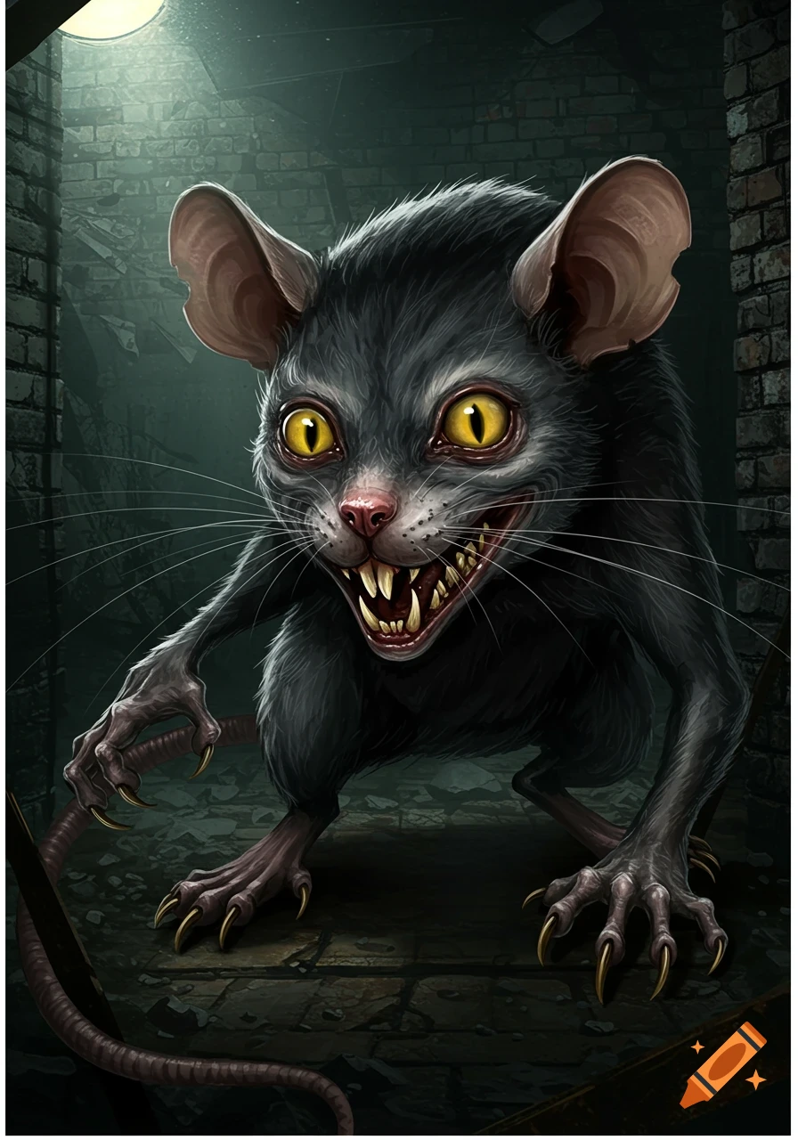 A scary cat-mouse hybrid creature with sharp claws and teeth in a dark ...