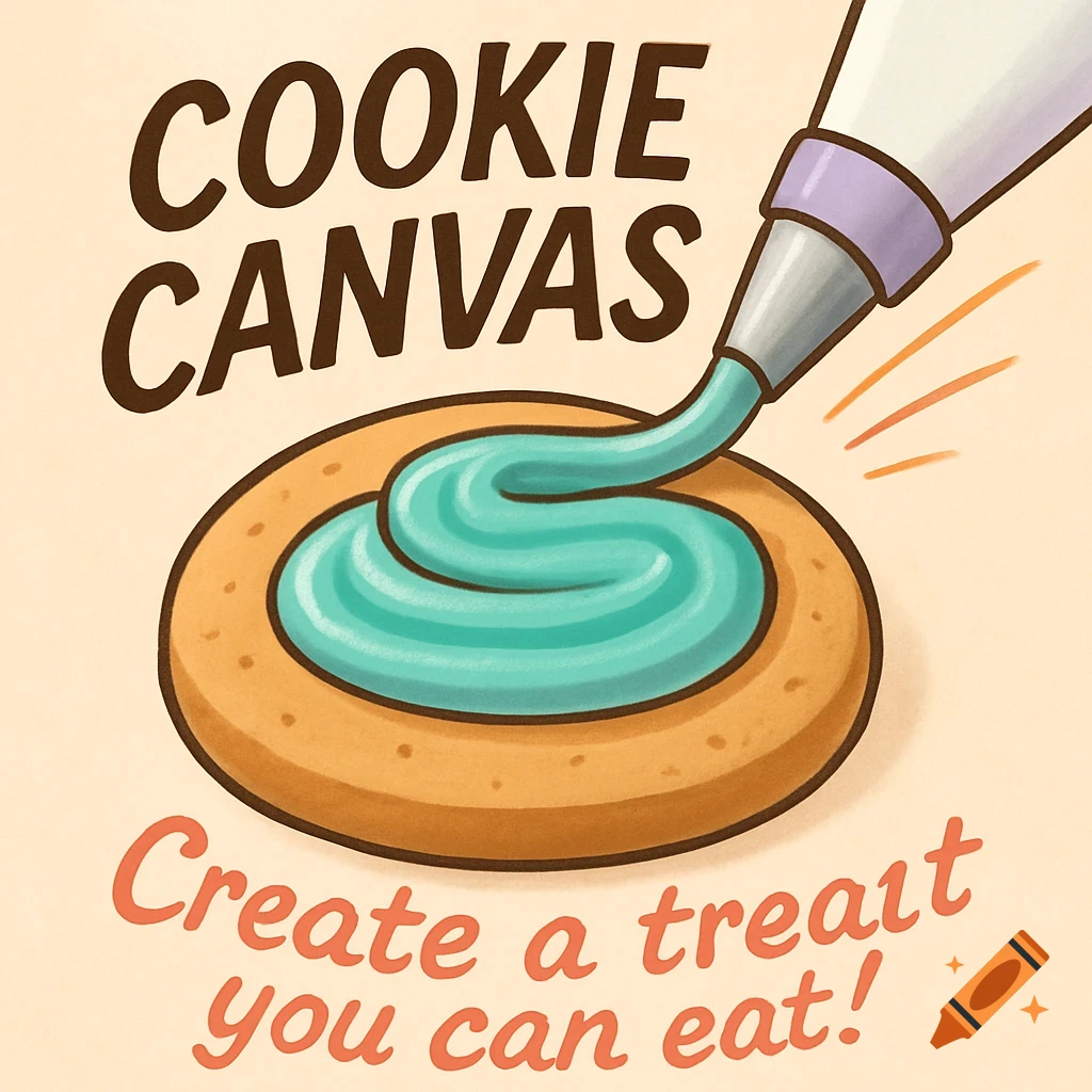 Illustration of a cookie being frosted with blue icing, featuring text 'Cookie Canvas' and ...