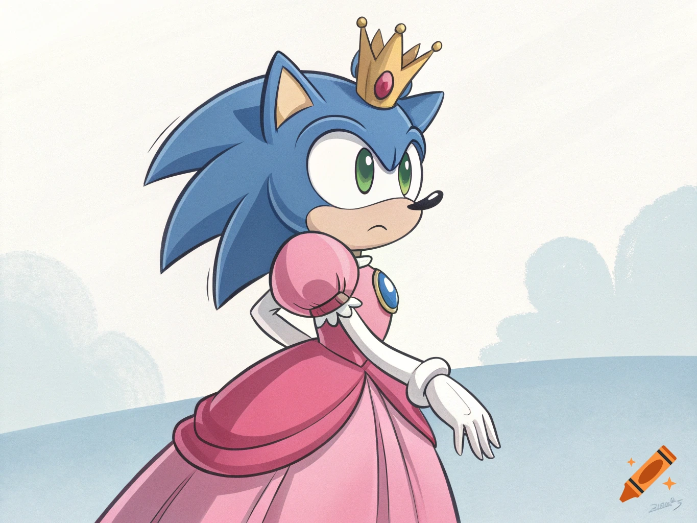 Cartoon of Sonic the Hedgehog wearing a pink dress and gold crown. on ...