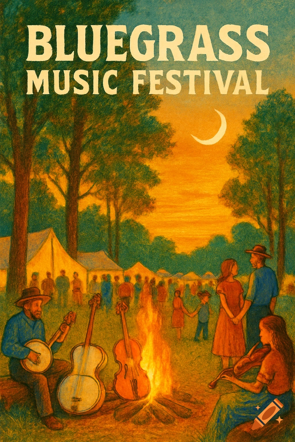 Vintage style poster for a Bluegrass Music Festival with musicians ...