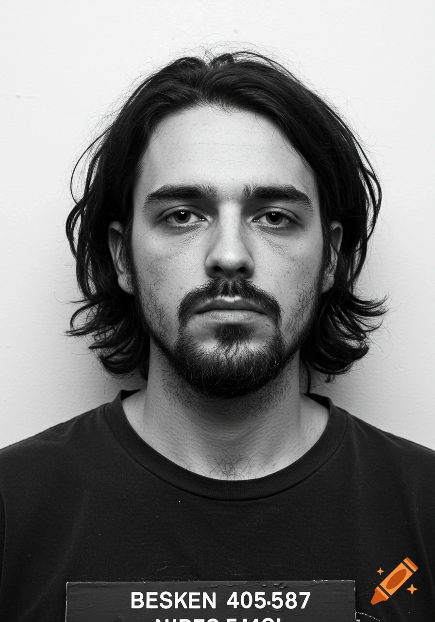 Black and white portrait of a man in a mugshot. on Craiyon