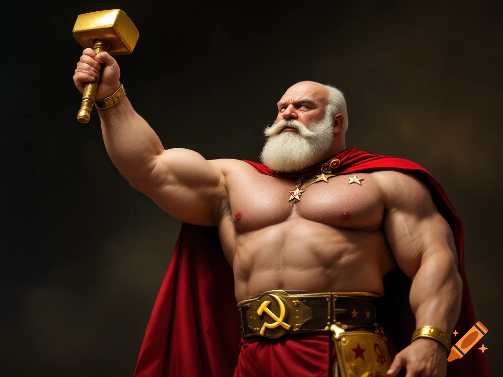Muscular man with white beard and red cape holds a golden hammer ...