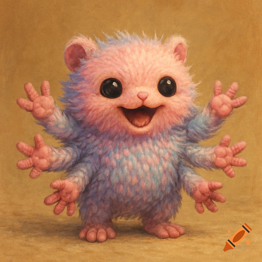A cute pink and blue fluffy creature with eight limbs, big black eyes ...