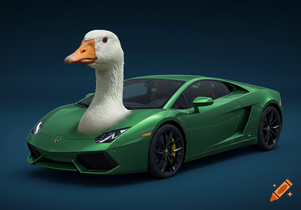 A white goose with its neck extending from the hood of a green sports ...