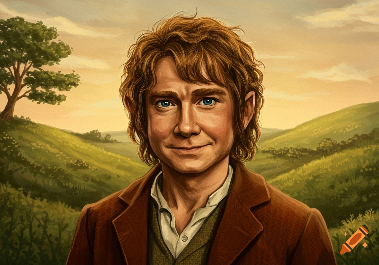 An illustration of a character resembling Bilbo Baggins smiling against ...