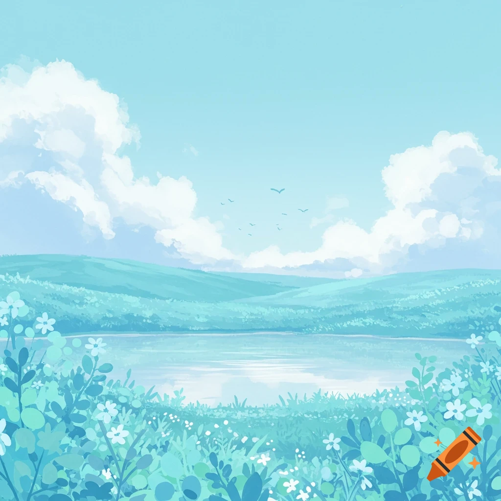 Light blue landscape painting with a lake, rolling hills, fluffy clouds ...