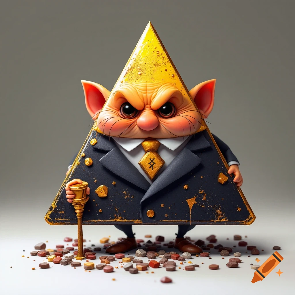 A triangular creature with a face, wearing a suit and tie, holding a ...