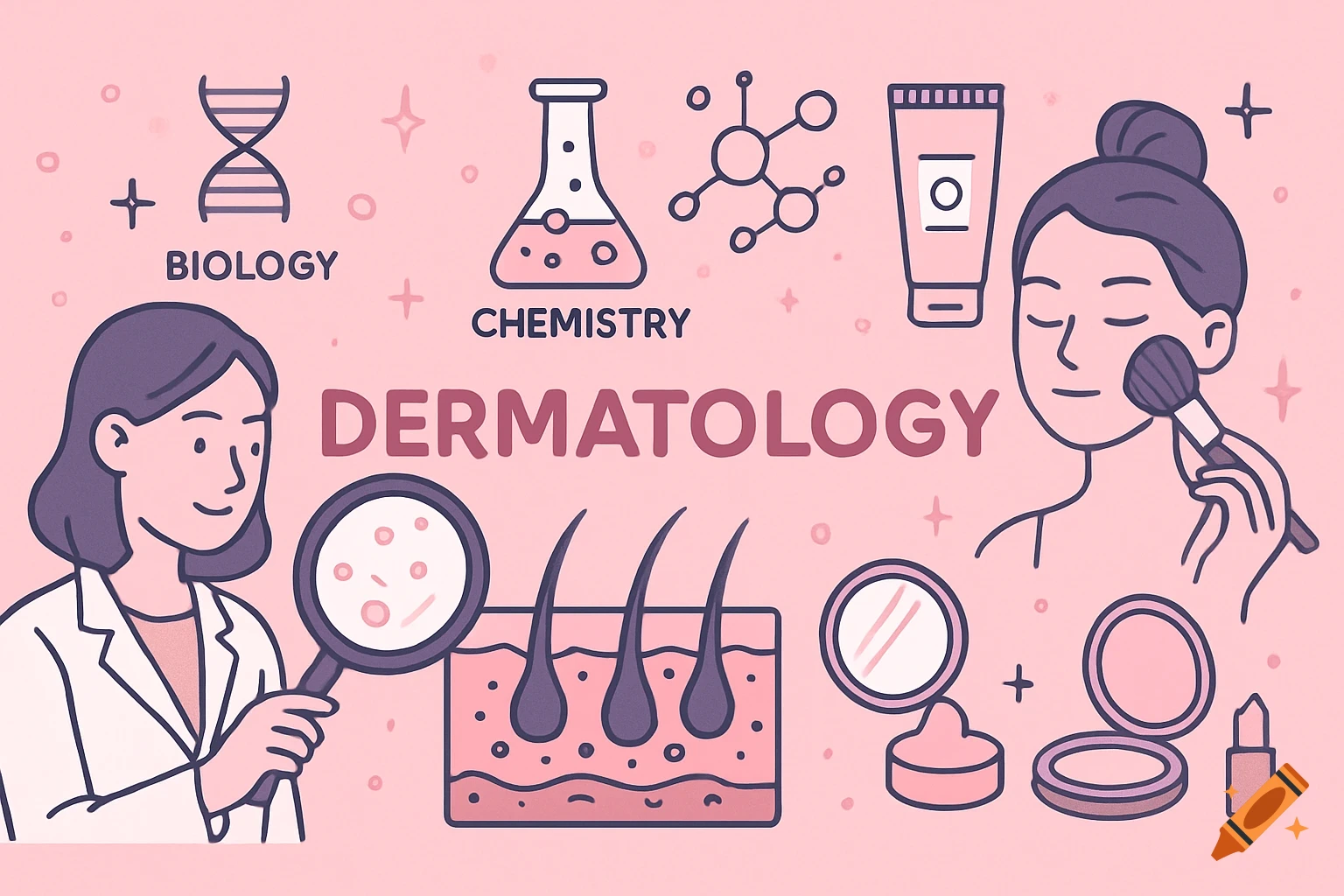 Cartoon illustration about dermatology with symbols of biology ...