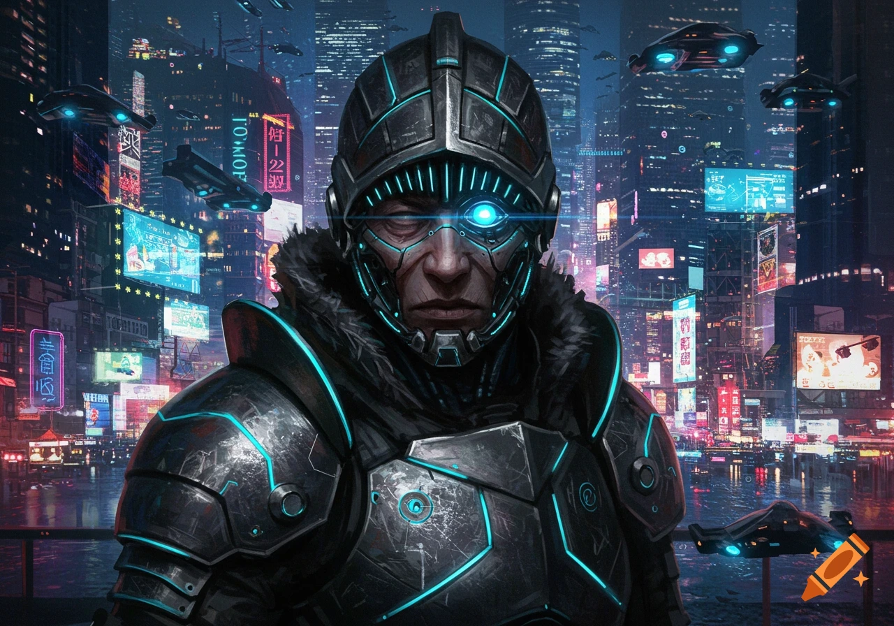 Cyberpunk character in futuristic armor with glowing eye in rainy city ...