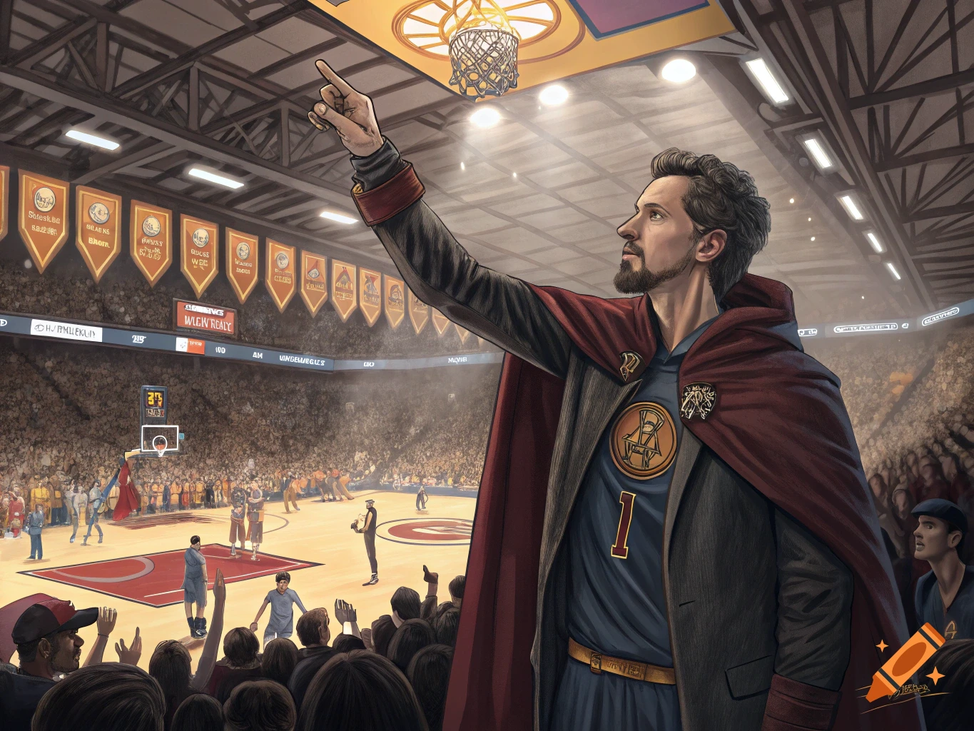 Man resembling Doctor Strange points up at a basketball hoop in a ...