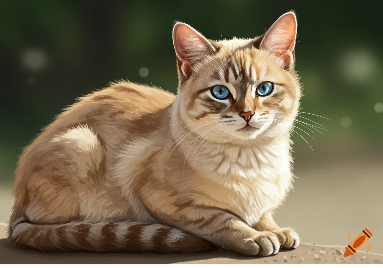 Digital painting of a sandy-colored cat with bright blue eyes sitting ...