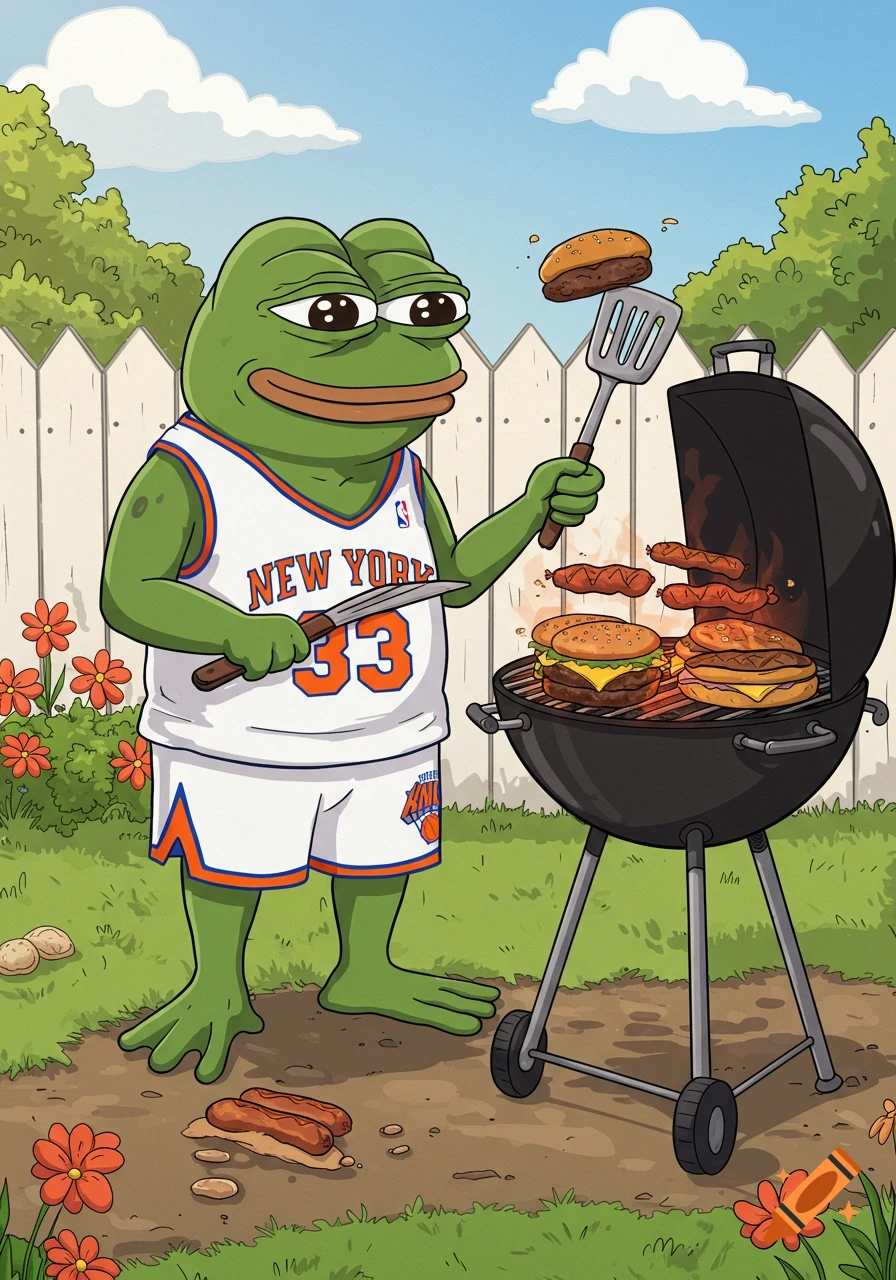 A cartoon Pepe the Frog in a Knicks jersey grills burgers and hot dogs ...
