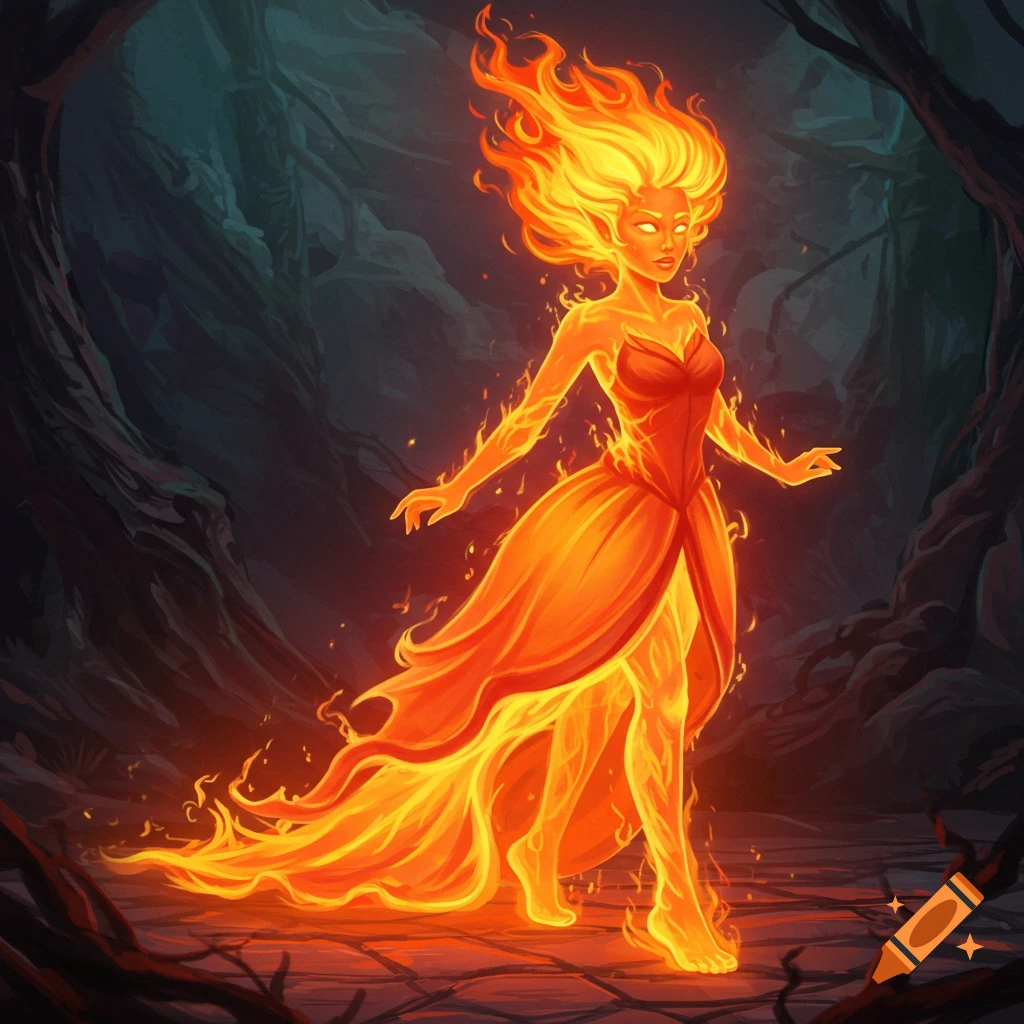 A fiery woman in a dress with flames for hair walks through a dark ...