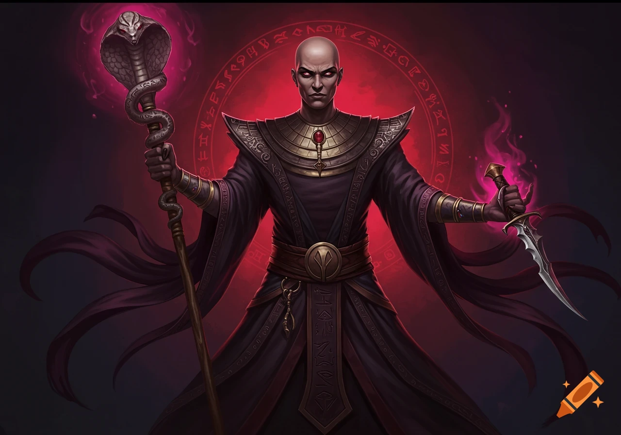 Bald sorcerer in dark robe holding cobra staff and dagger before a red ...
