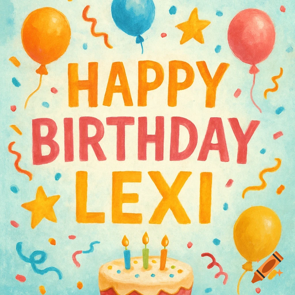 A watercolor birthday card with text "Happy Birthday Lexi", balloons ...