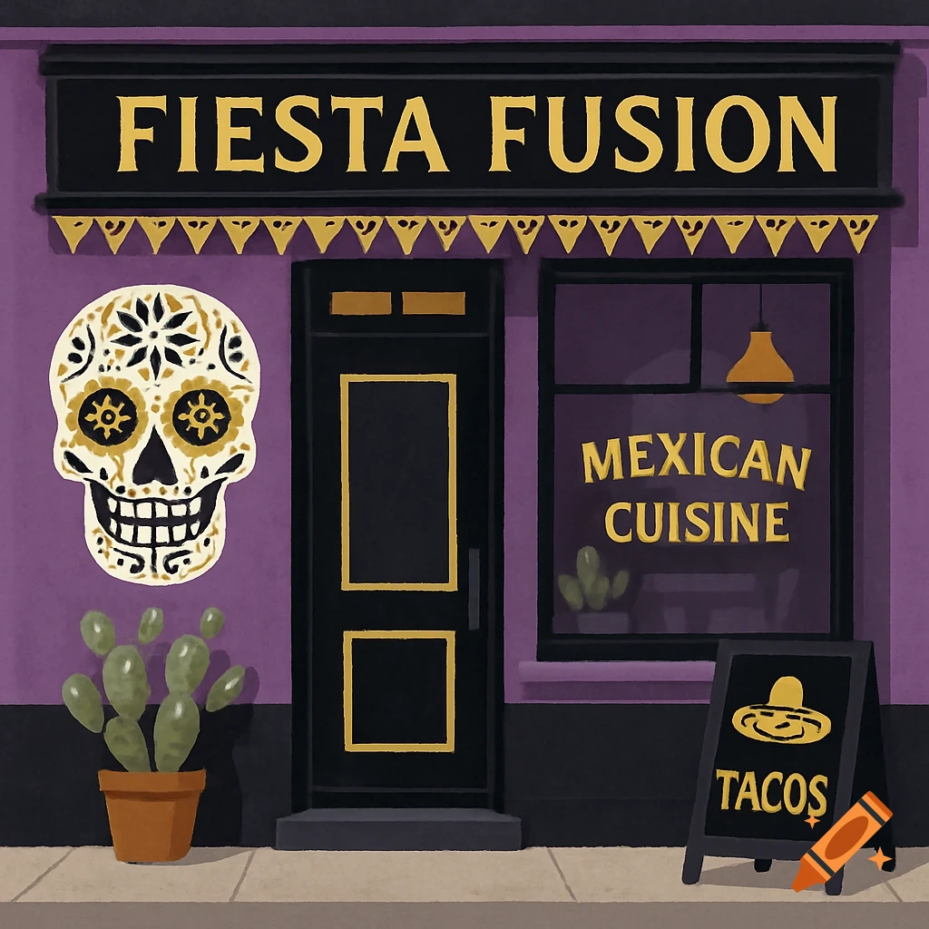 Illustration of a purple Mexican restaurant storefront named Fiesta ...