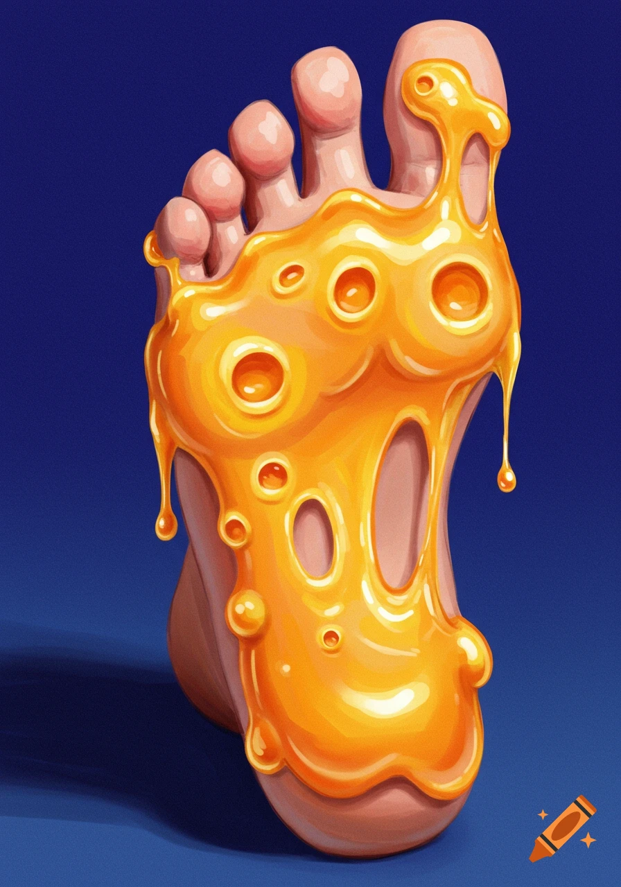 Illustration of a human foot covered in melted yellow goo. on Craiyon