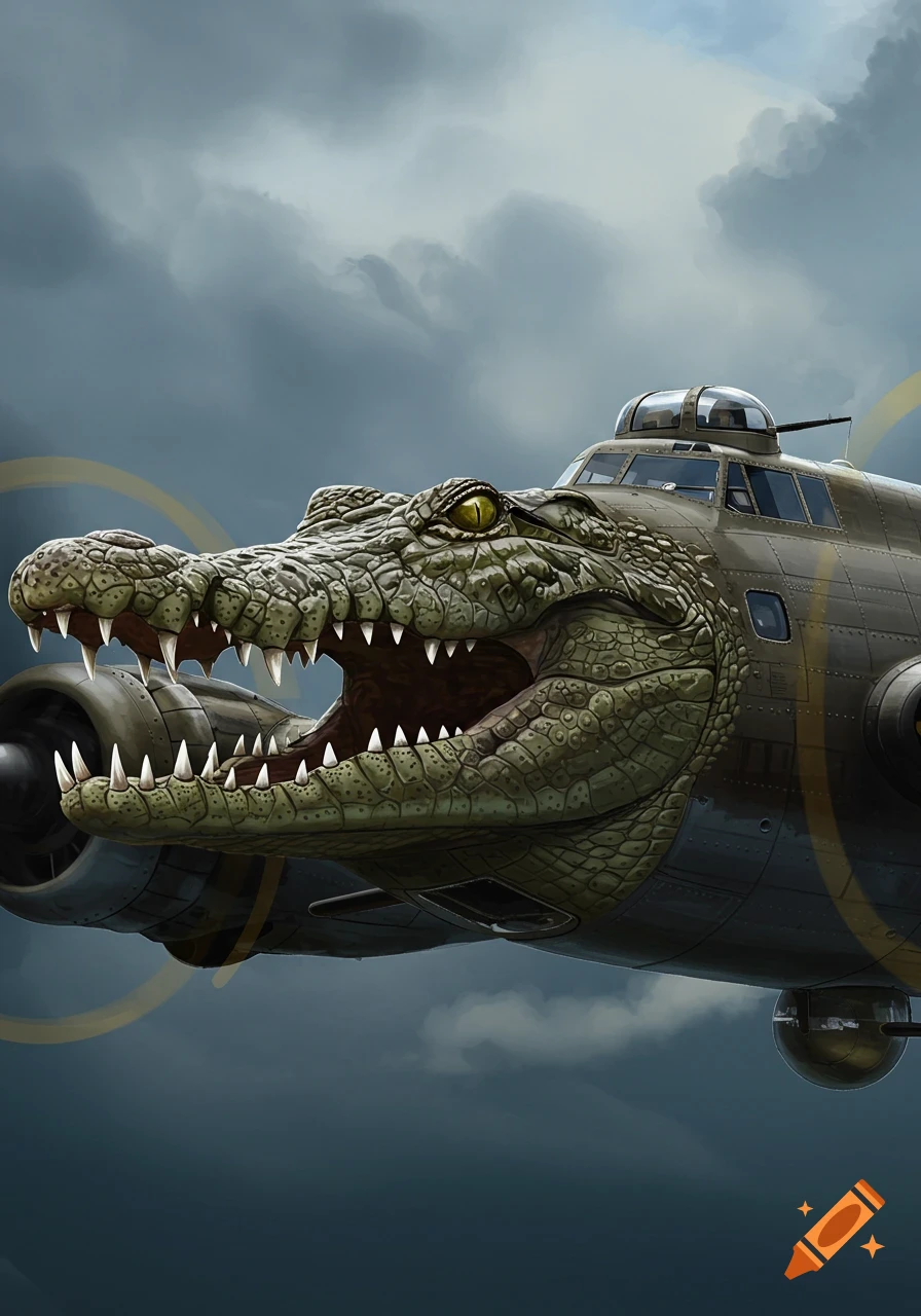 Illustration of a bomber plane with a crocodile head flying through a ...