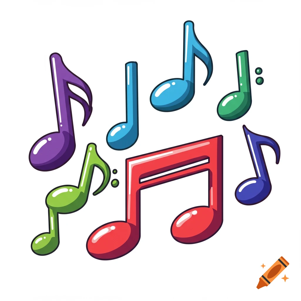 Stylized colorful musical notes floating on a white background. on Craiyon