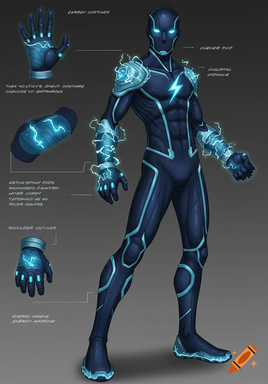 Full-body concept art of a superhero in a dark blue suit with glowing ...