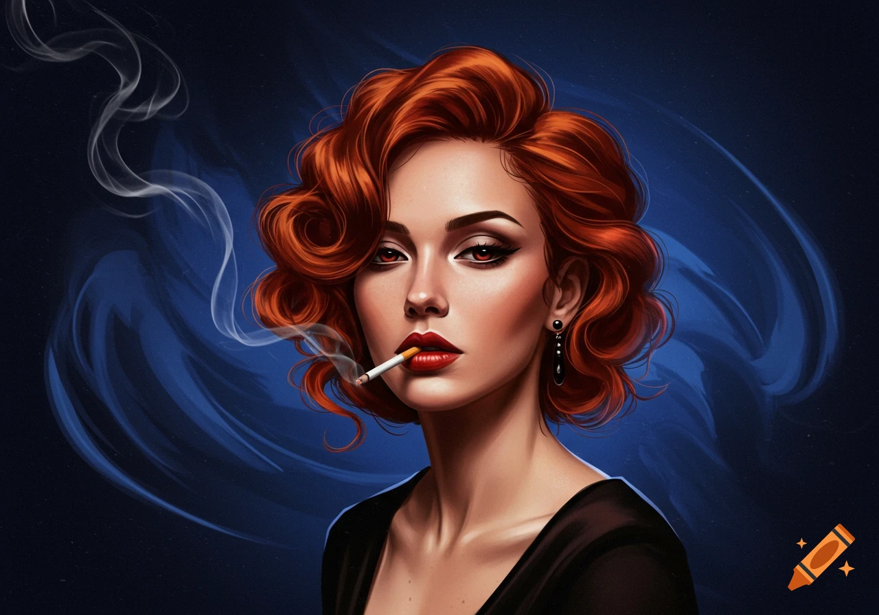 Stylized portrait of a woman with red hair smoking a cigarette on Craiyon