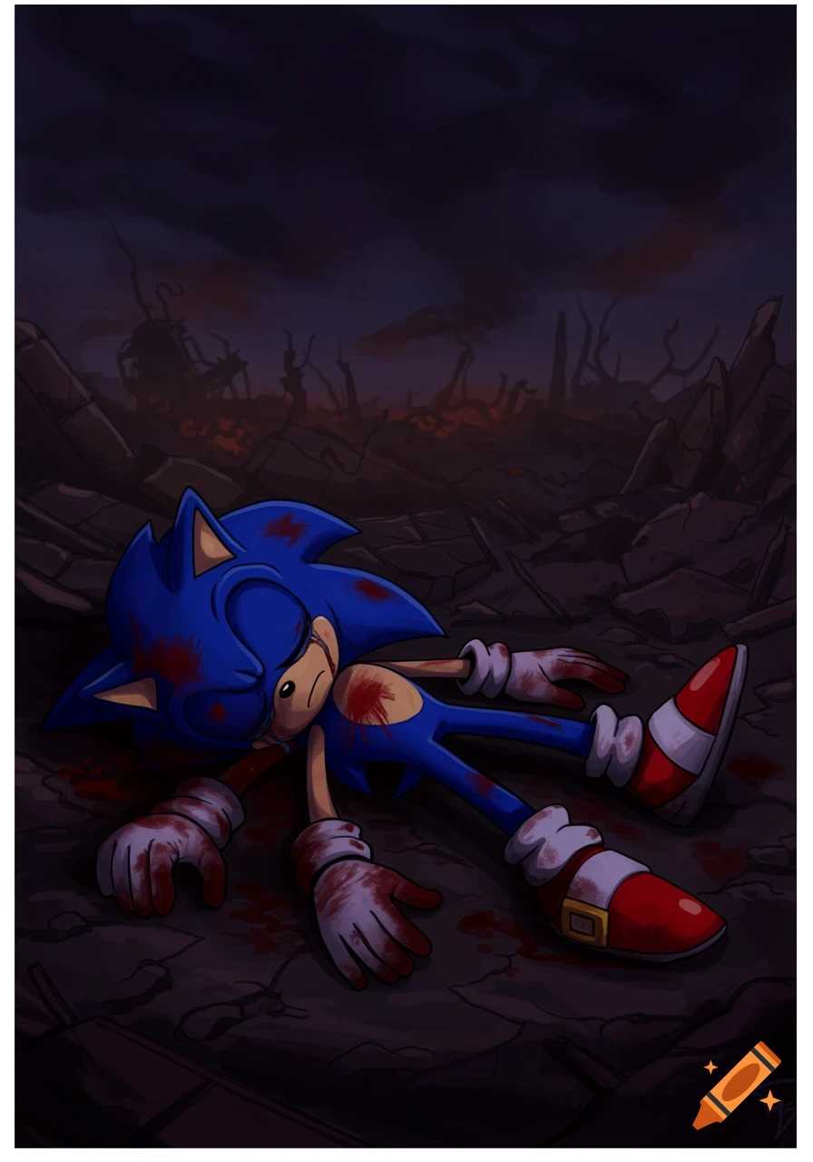 Illustrated Sonic the Hedgehog lying on the ground covered in blood in a ruined landscape. on ...